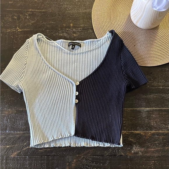 Tops | Half Black And Light Blue Crop Top | Poshmark